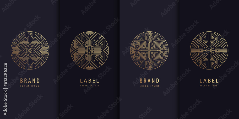 Vector set of golden label design patterns. Circle art deco logos ...