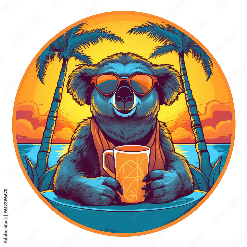 Koala chilling on a hammock under palm trees Sunny beach scene with ...