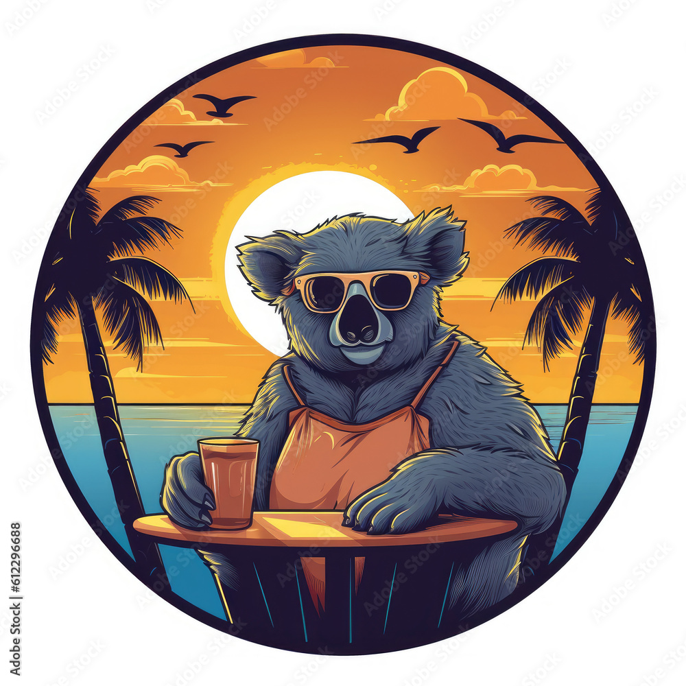 Koala chilling on a hammock under palm trees Sunny beach scene with ...