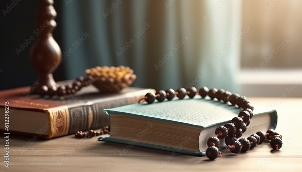 Islamic Background with Quran and Prayer Beads Stock Illustration ...