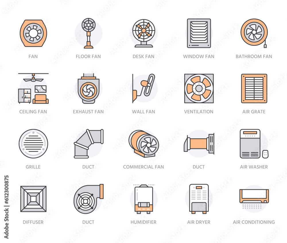 Ventilation equipment line icons. Air conditioning, hvac, cooling ...