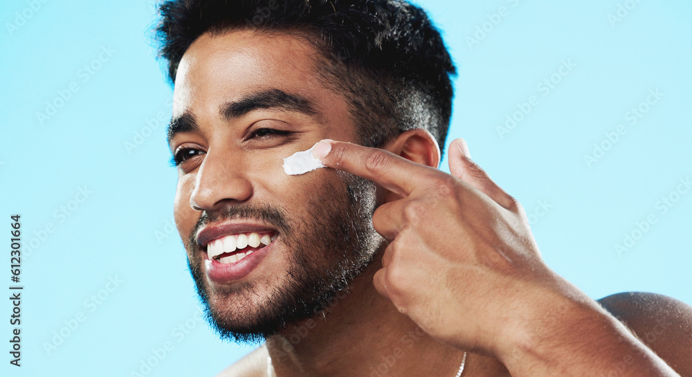 Beauty, studio face and happy man with cream product for luxury makeup ...