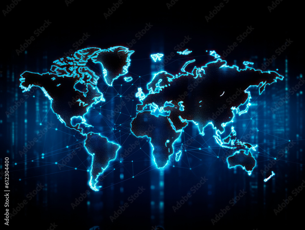 Digital world map background, earth network. Worldmap in neon light ...