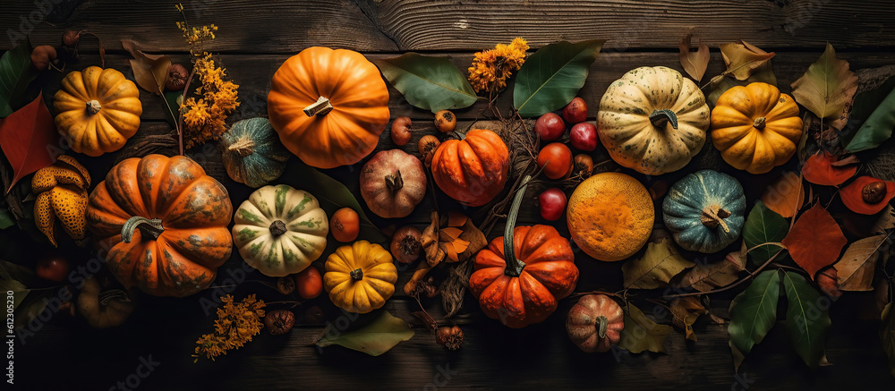Autumn pumpkins for Thanksgiving and Halloween, on a dark wood table ...