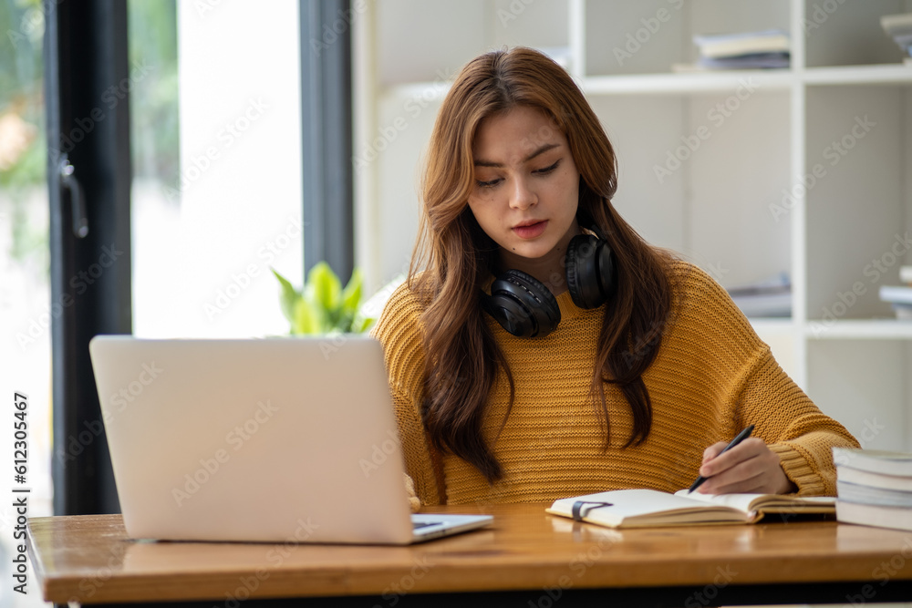 Distance Education. E-learning, Study online, Smiling beautiful woman ...