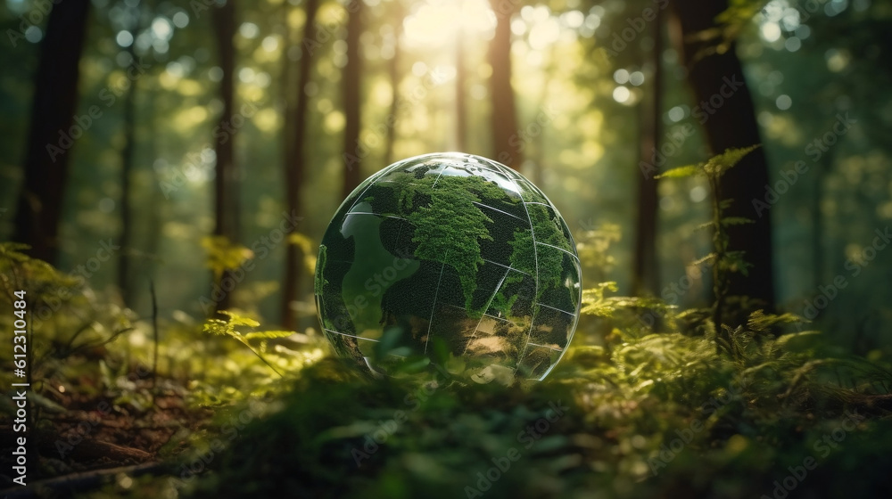 Glass globe in green forest with the icon environment of ESG, co2 ...