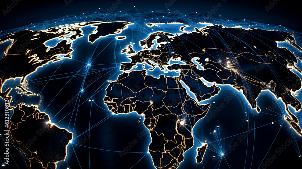 Global Economy and Interconnectedness. Depicting a network of interconnected world maps with ...