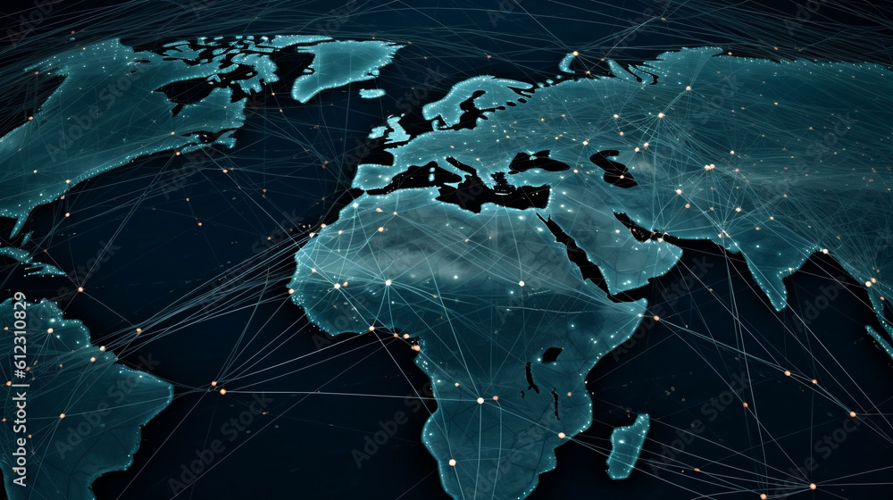 Global Economy and Interconnectedness. Depicting a network of interconnected world maps with ...