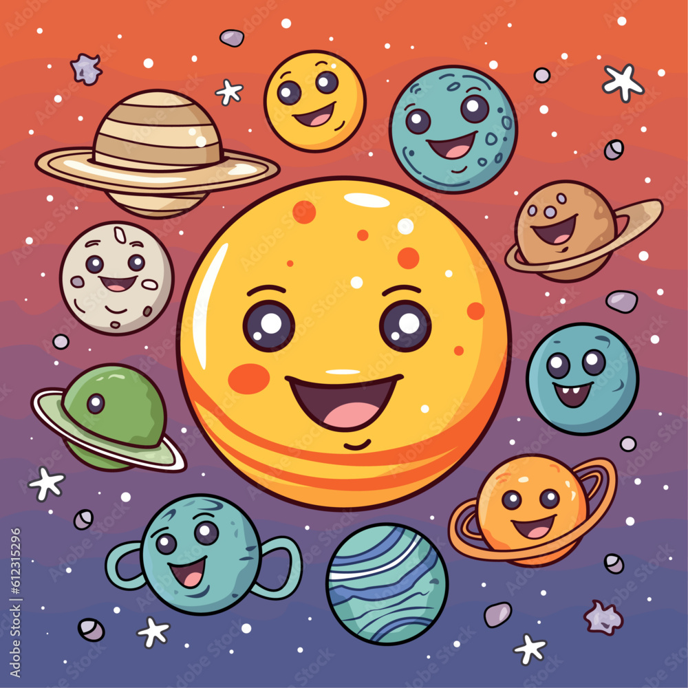 Set of cartoon planets of the solar system on universe background ...