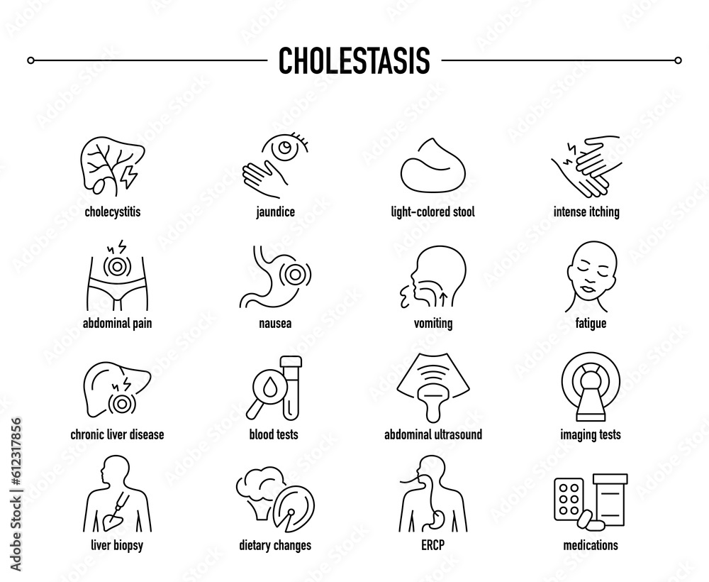 Cholecystitis symptoms, diagnostic and treatment vector icon set. Line ...
