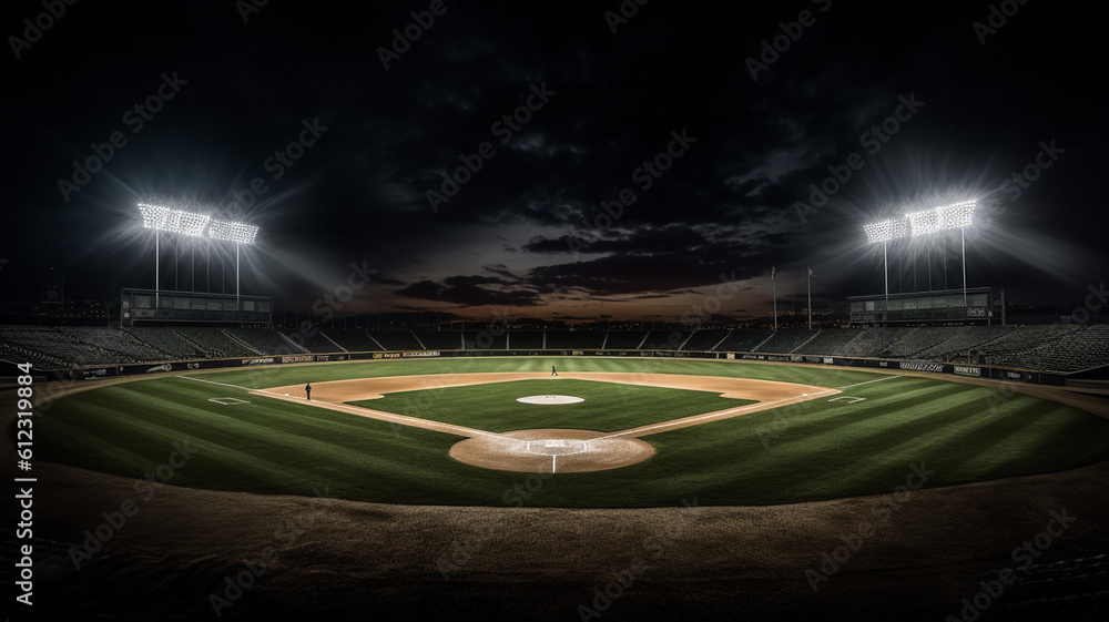Baseball field at night with dramatic lighting, created with Generative AI technology Stock ...
