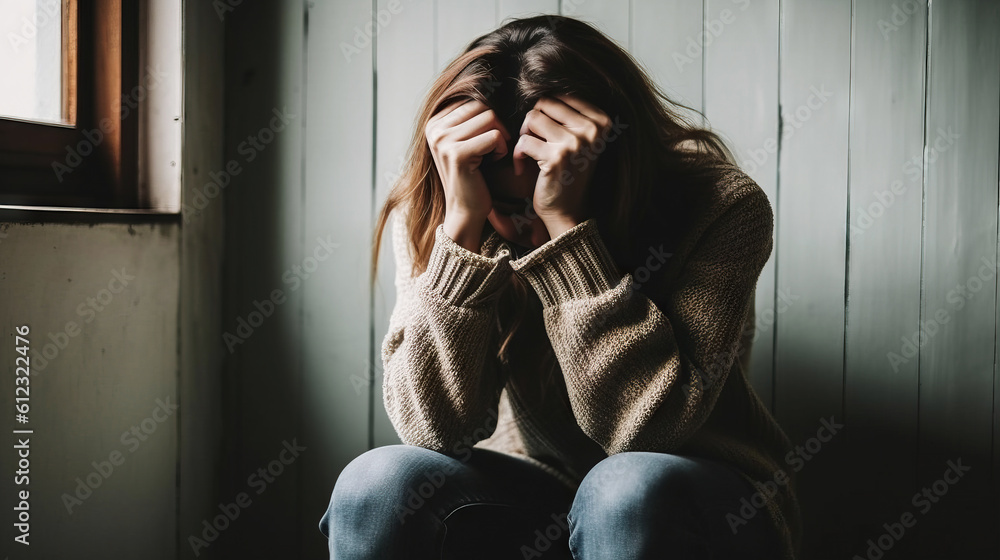 Sad and depressed woman sitting near windowsill. Depression and mental ...