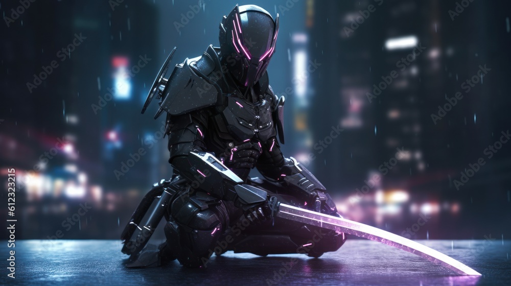 Cybernetically enhanced street samurai, wielding a high tech sword and ...