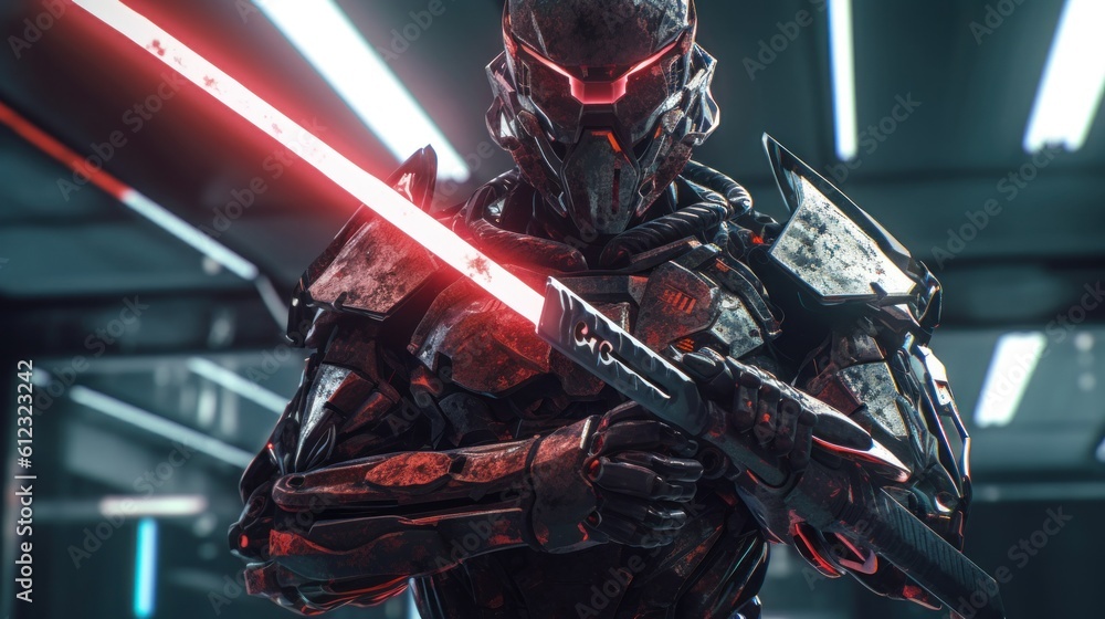 Cybernetically enhanced street samurai, wielding a high tech sword and ...