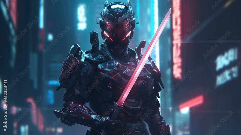 Cybernetically enhanced street samurai, wielding a high tech sword and ...