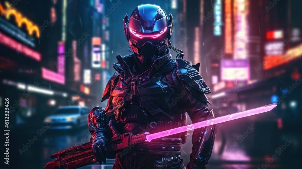 Cybernetically enhanced street samurai, wielding a high tech sword and ...