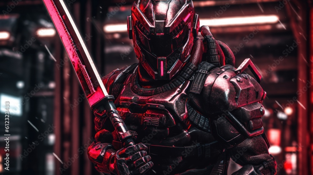 Cybernetically enhanced street samurai, wielding a high tech sword and ...
