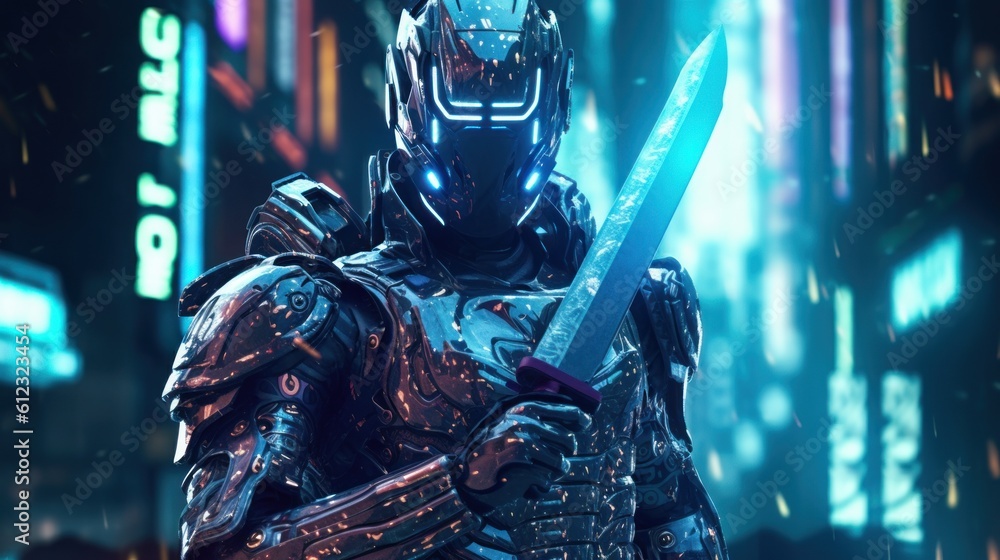 Cybernetically enhanced street samurai, wielding a high tech sword and ...