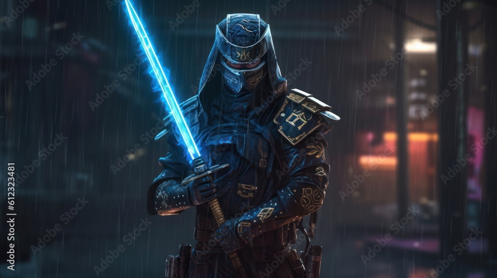 Cybernetically enhanced street samurai, wielding a high tech sword and ...