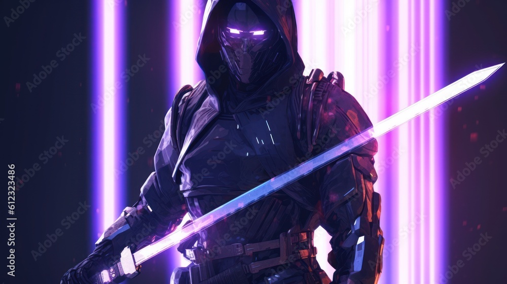 Cybernetically enhanced street samurai, wielding a high tech sword and ...