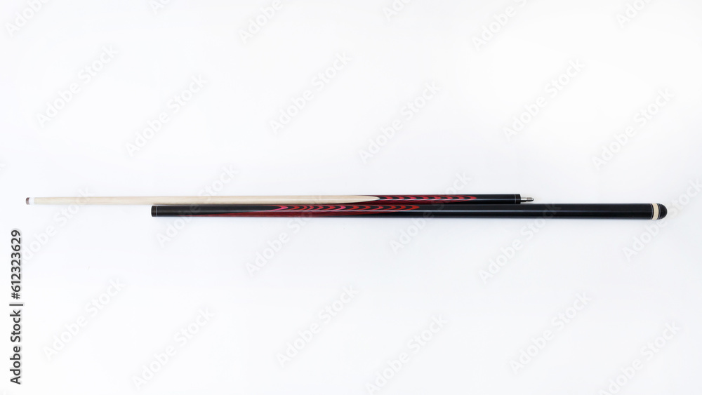Billiard cues on a white background. Parts of a billiard cue close-up ...