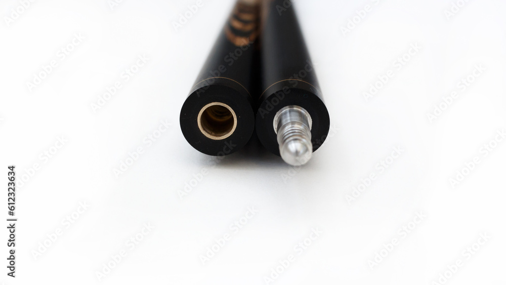 Billiard cues on a white background. Parts of a billiard cue close-up ...