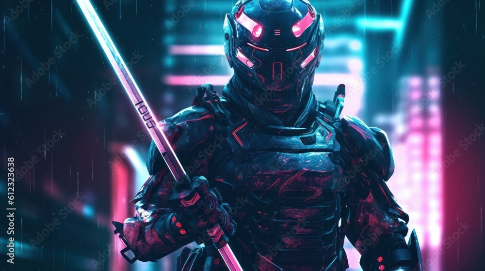 Cybernetically enhanced street samurai, wielding a high tech sword and ...