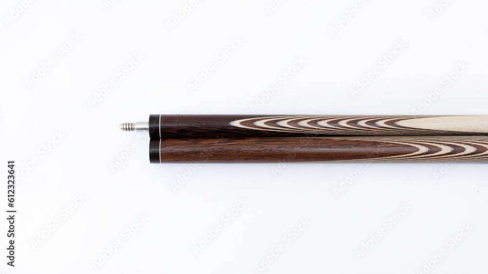 Billiard cues on a white background. Parts of a billiard cue close-up ...