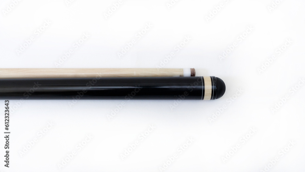 Billiard cues on a white background. Parts of a billiard cue close-up ...