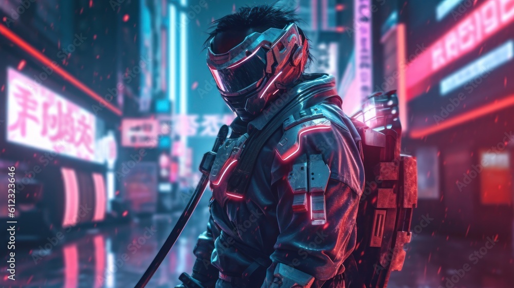 Cybernetically enhanced street samurai, wielding a high tech sword and ...