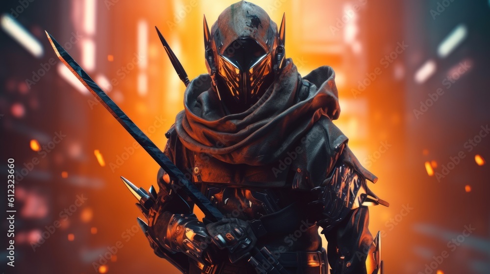 Cybernetically enhanced street samurai, wielding a high tech sword and ...