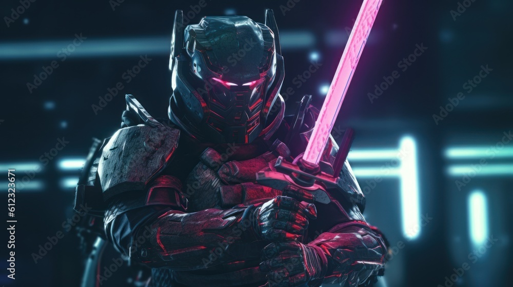 Cybernetically enhanced street samurai, wielding a high tech sword and ...