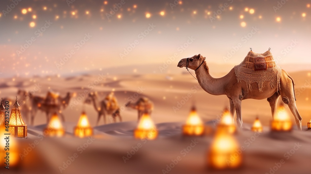 Islamic background with desert, lanterns, lights and camels. Generative ...