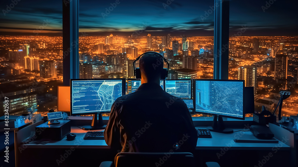 Back view Military Surveillance Officer Working on a City Tracking ...