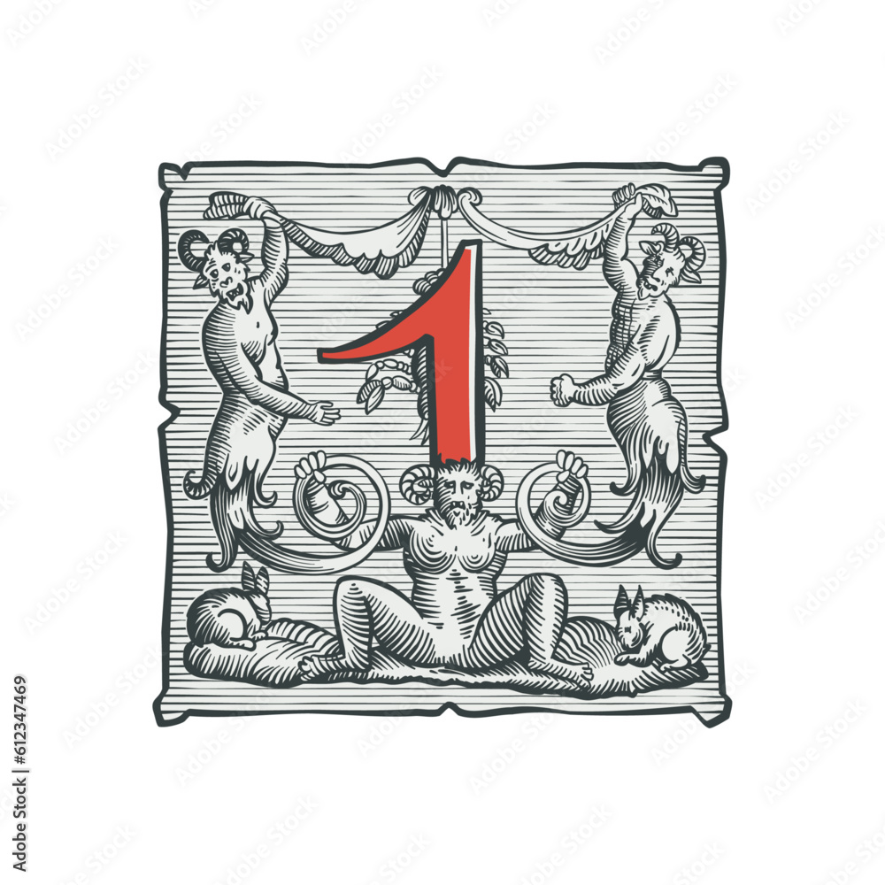 1 logo. Number seven medieval dropcap. Devil, witches and ghosts in ...