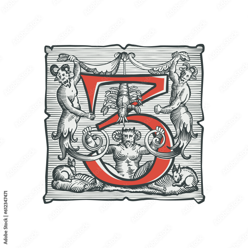 3 logo. Number three medieval dropcap. Devil, witches and ghosts in ...