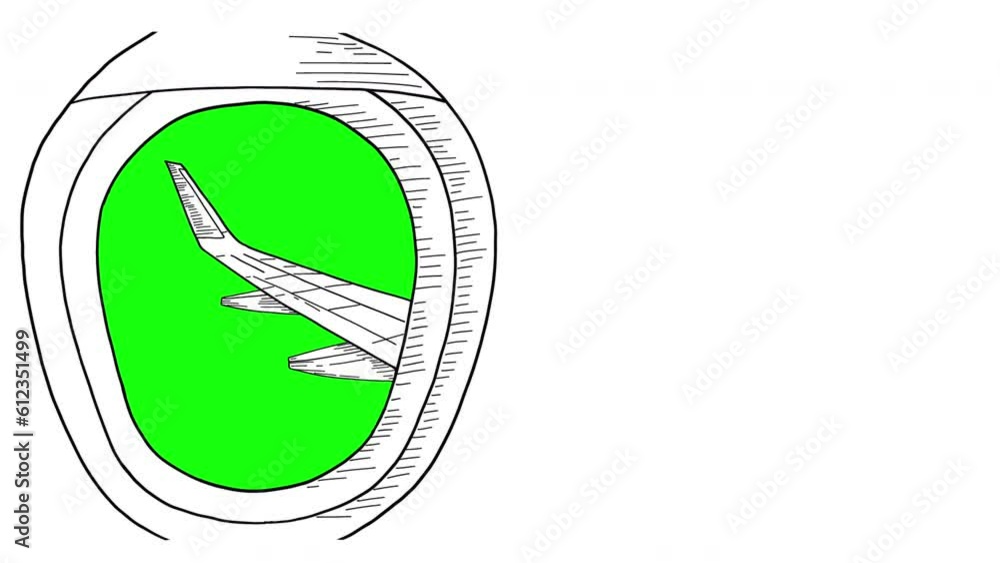4K Animated Hand Drawn Plane Window View with Airplane Wing and Cloud ...