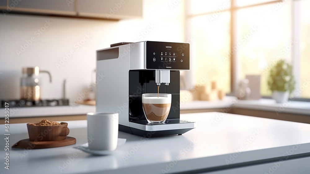 Modern coffee machine with cup on counter in kitchen. Generative Ai ...