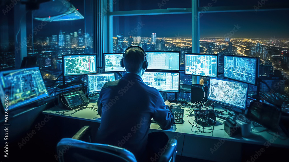 Back view Military Surveillance Officer Working on a City Tracking ...