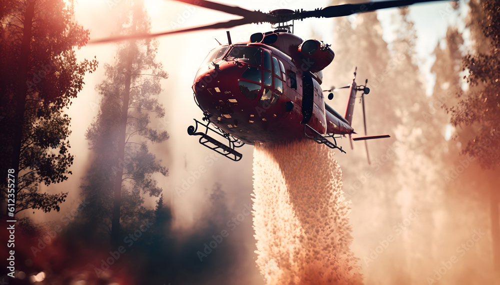 Fire fighting Helicopter dropping water on wildfire. Disaster forest ...