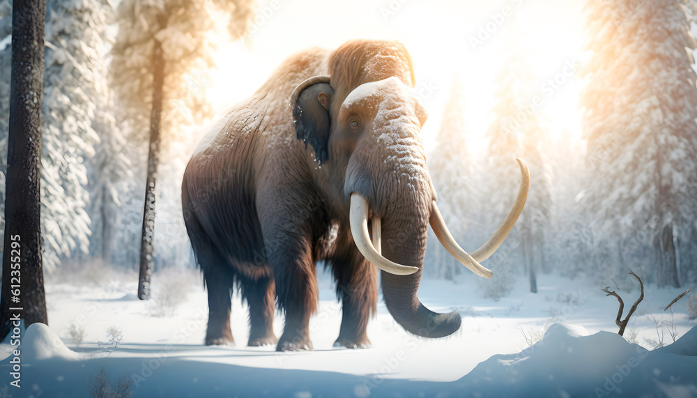 Woolly mammoth with sunlight, prehistoric animal in landscape frozen ...