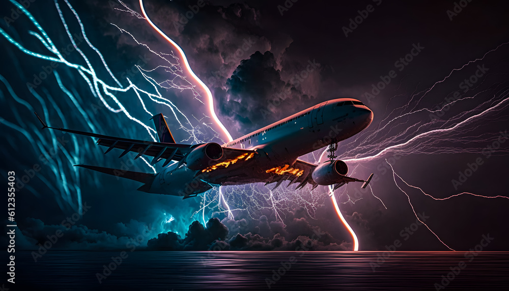 Danger climate weather. Airplane in sky with thunder and lightning ...