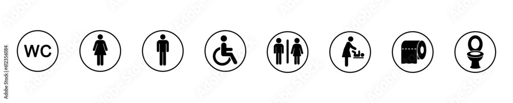 Toilet line icon set. WC sign. Men,women,mother with baby and handicap ...