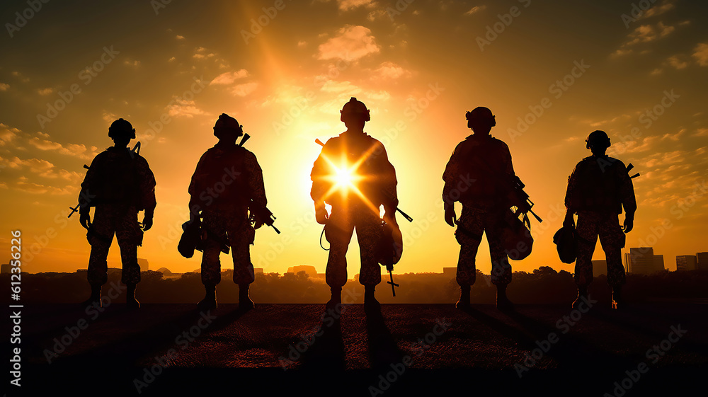military silhouettes on sunset sky background. Generative Ai Stock ...