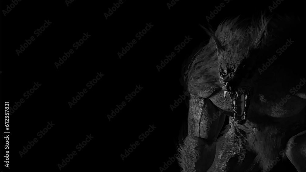 3d illustration in black and white of a Werewolf Dogman cryptid with ...