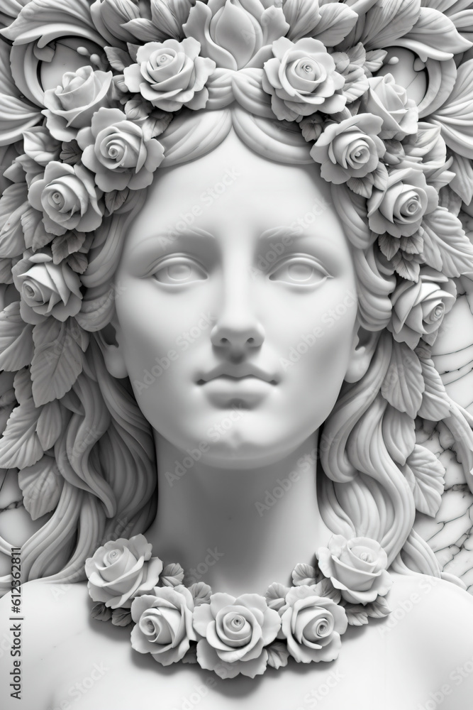 Marble bust of a woman with roses around her neck and a marble frame ...