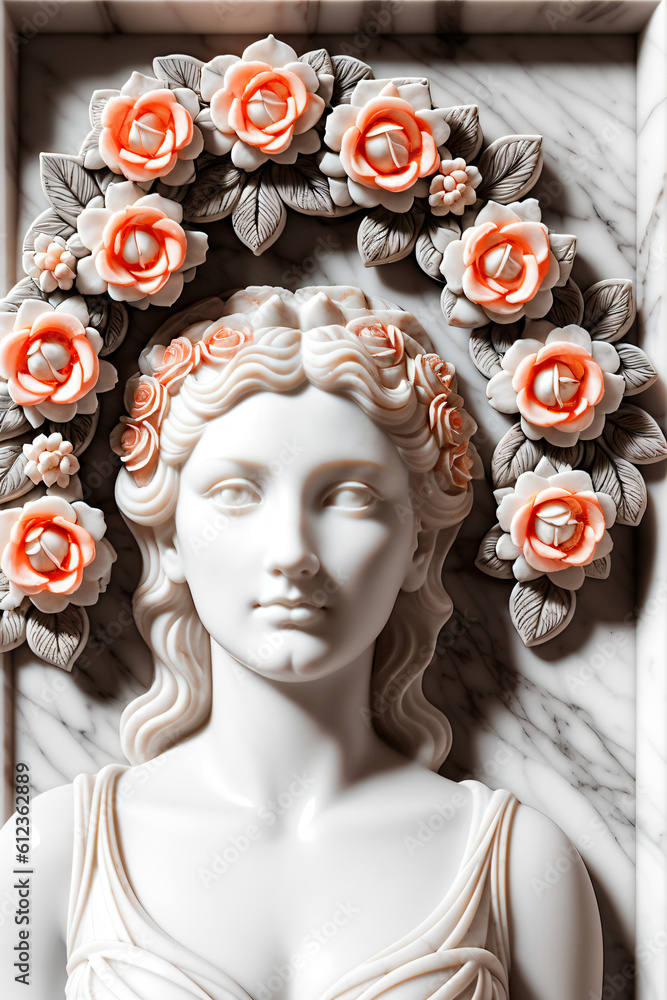 Marble bust of a woman with roses around her neck and a marble frame ...
