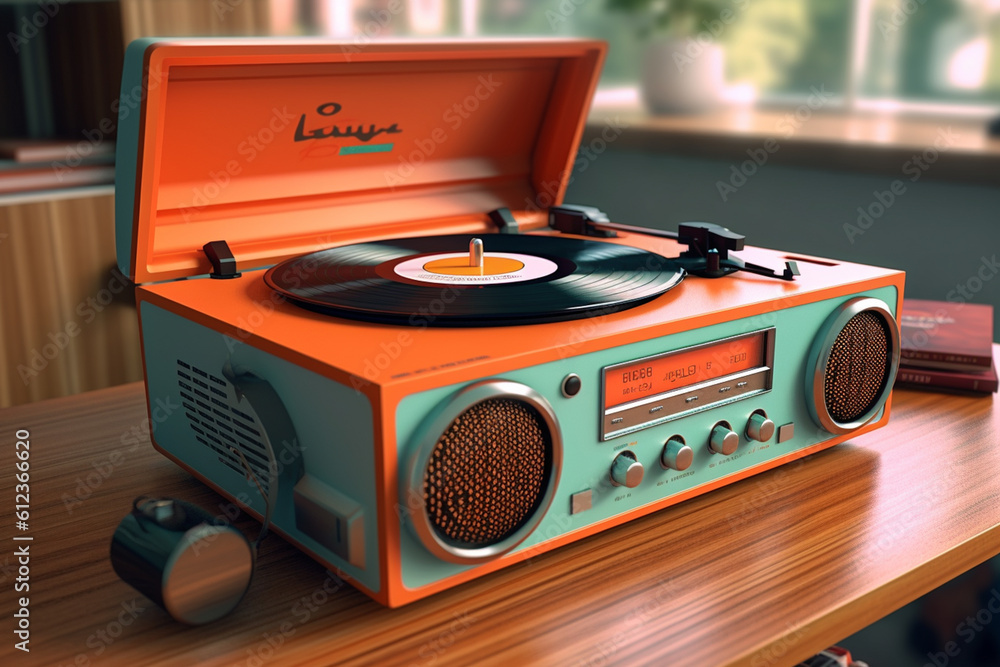 A retro record player with a built-in radio tuner and cassette player ...