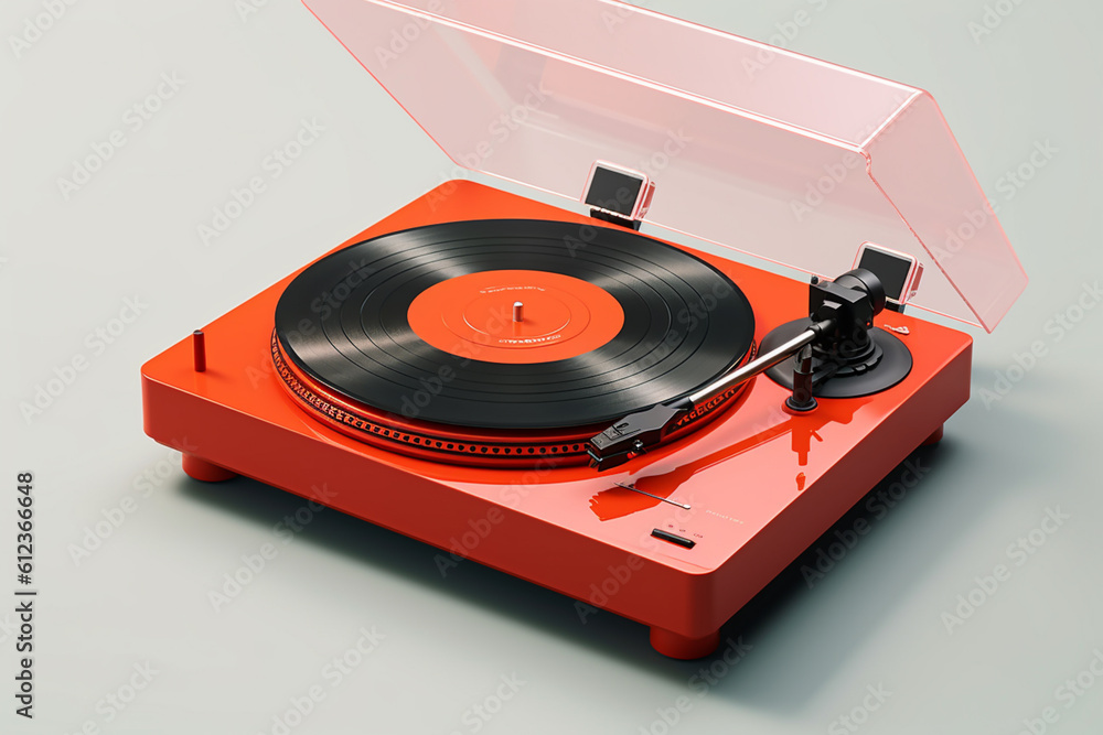 A retro turntable in a bold red color, equipped with USB connectivity ...