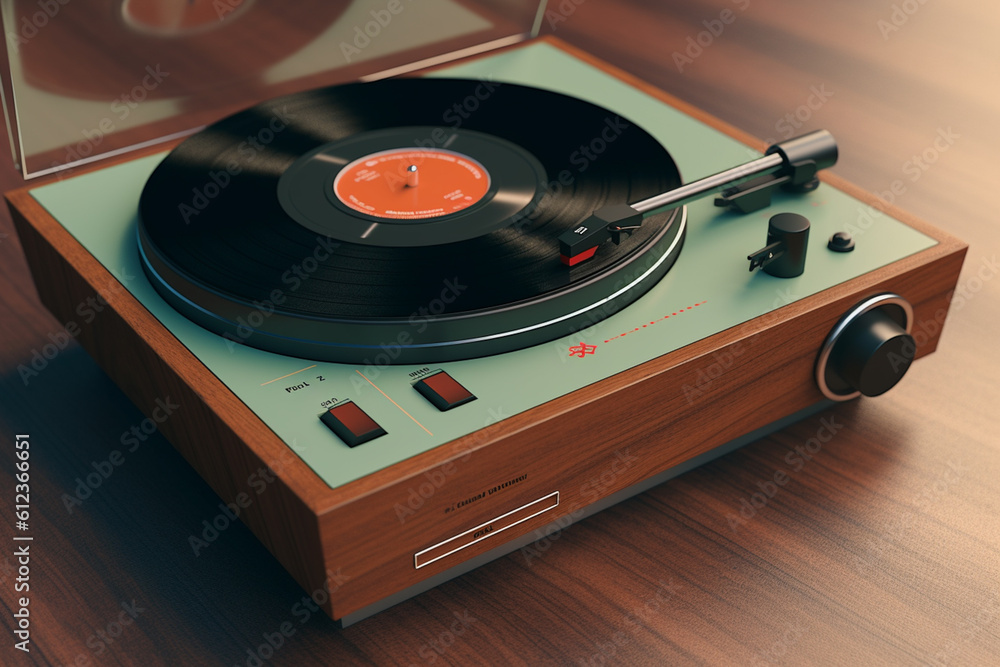 A vintage record player with a mid-century modern design, featuring a ...